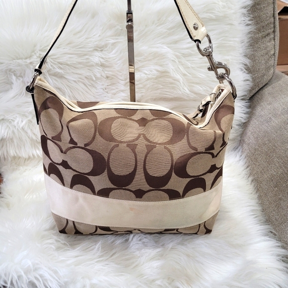Coach | Bags | Coach Signature Print Shoulder Purse In Tan With White ...